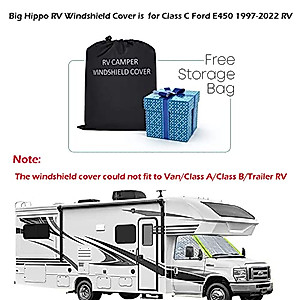 Big Hippo Windshield Cover RV Window Sunshade Cover for Class C Ford E450 1997-2022 Motorhome, UV Block Offer Complete Privacy with Reflective Strips RV Accessories 4 Layers with Mirror Cutouts Silver