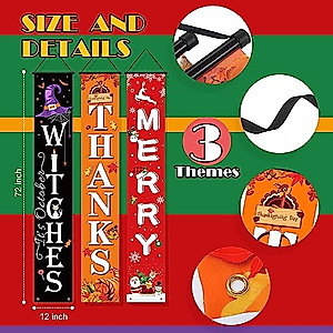Preboun 3 Pairs Halloween Thanksgiving Christmas Porch Signs Banners Hanging Front Porch Door Decorations for Outside Yard Garland Party Supplies
