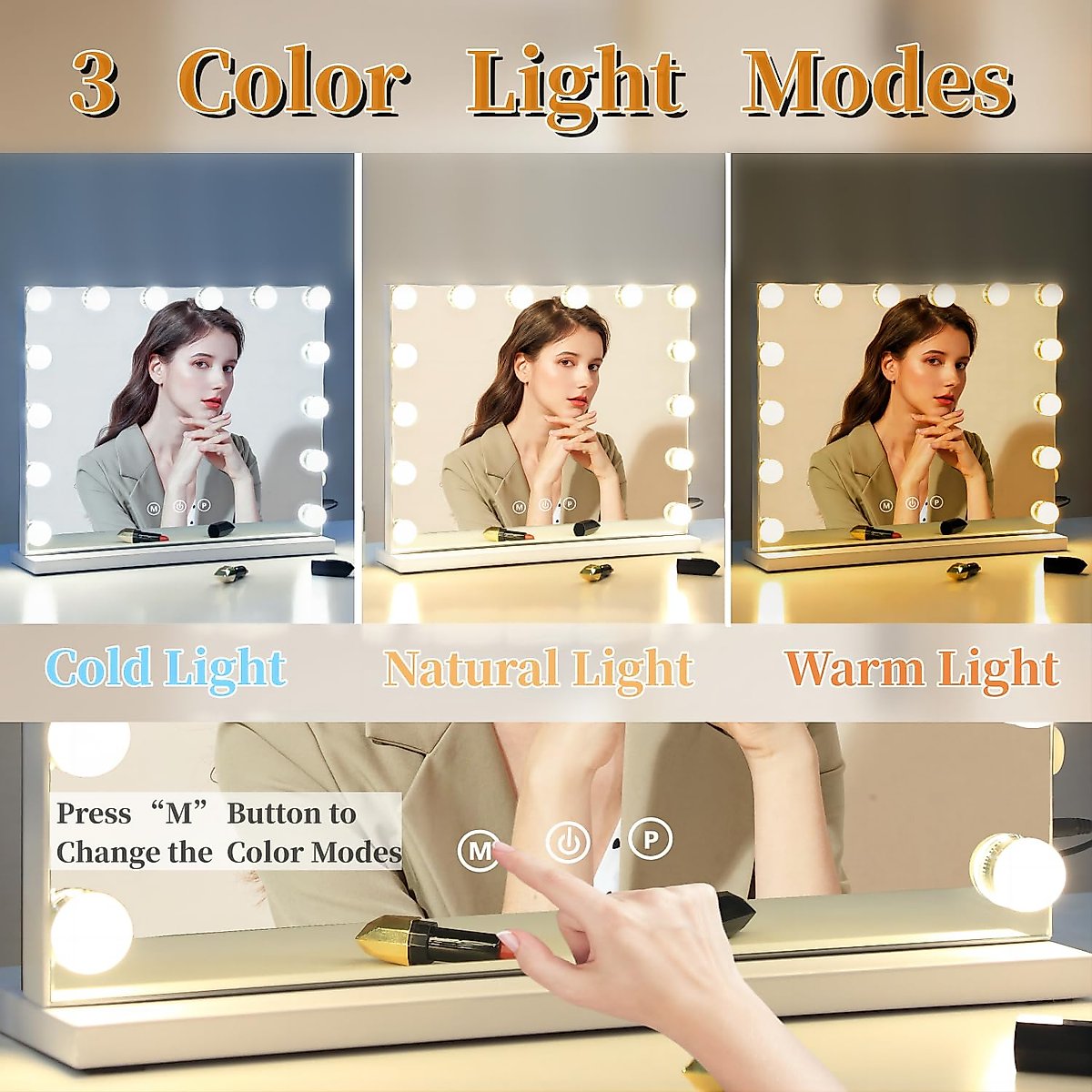 NUSVAN Vanity Mirror with Lights Lighted Makeup Mirror with Dimmable LED Bulbs,3 Color Lighting Modes,USB Charging Port Touch Control,Sturdy Metal Frame Design,White (50x40cm, 4.70)