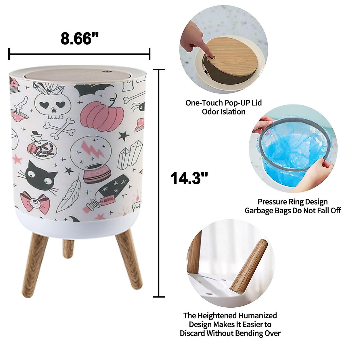 Small Trash Can with Lid for Bathroom Kitchen Office Diaper hand drawn seamless pattern Crystal bottles skull pastel Witching Bedroom Garbage Trash Bin Dog Proof Waste Basket Cute Decorative