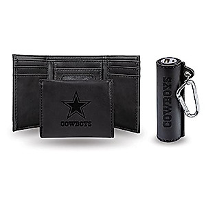 Rico Industries NFL Dallas Cowboys Laser Engraved Black Portable Charger Keychain (Universal for all phones) and Tri-Fold Wallet Gift - Great Gift Item