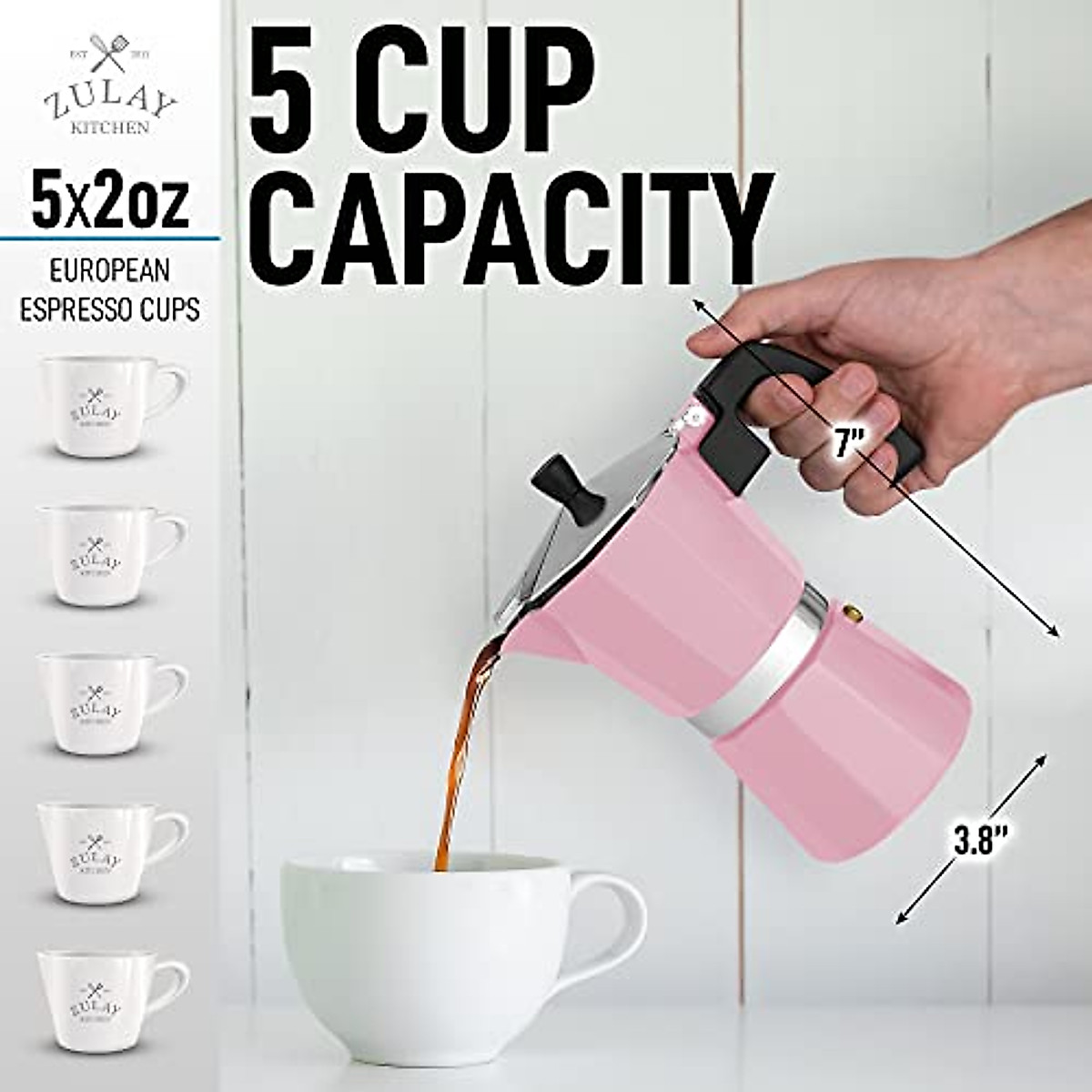 Zulay Kitchen Stovetop Espresso Maker - Moka Pot 6 Espresso Cups - Percolator Coffee Maker for Classic Cuban & Italian Style Espresso - Portable Coffee Maker for Camping & Travel - (Pink)