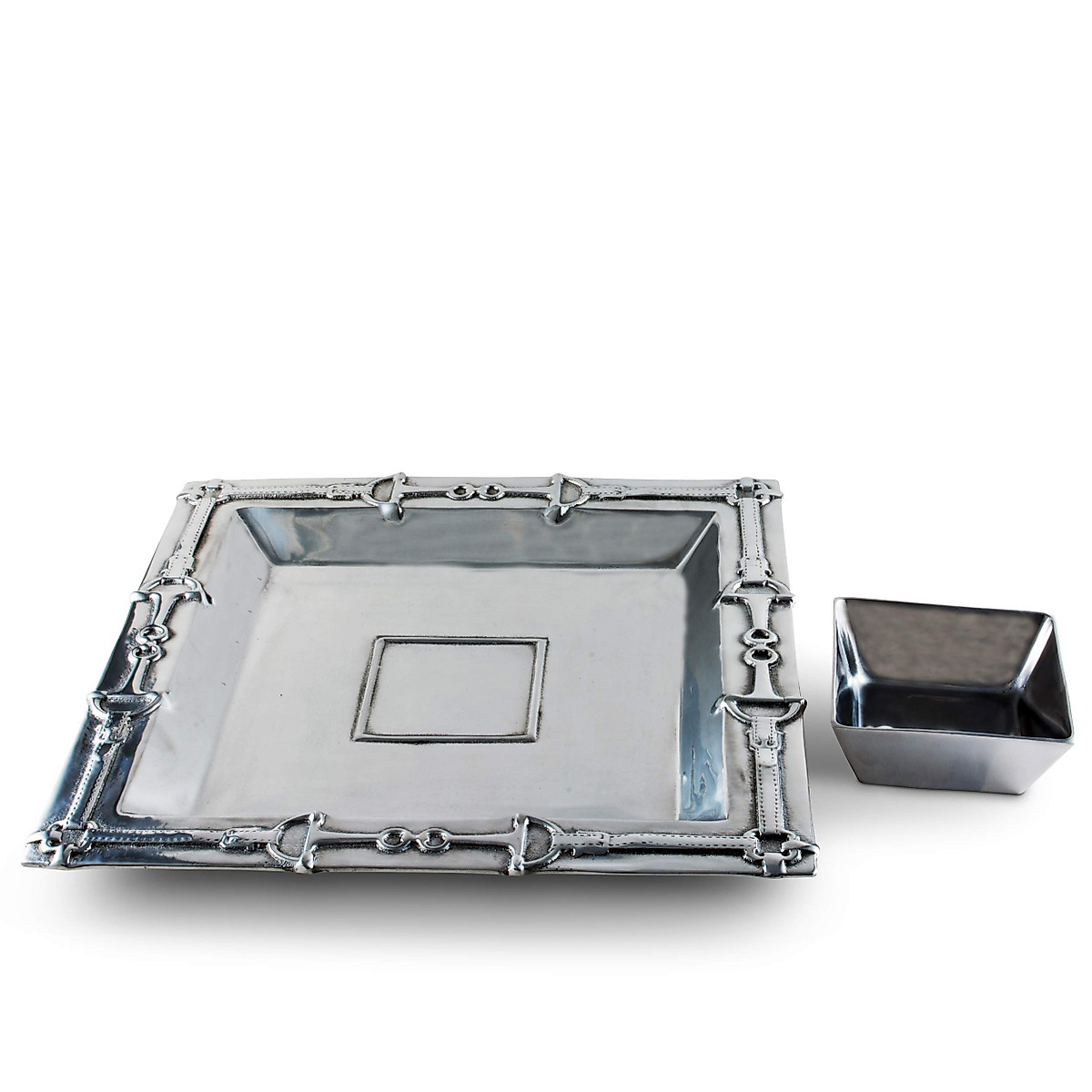Arthur Court Equestrian Chip and Dip Platter in Bit Pattern with Removable Bowl - Sand Casted in Aluminum with Artisan Quality Hand Polished Designer Tarnish-Free Horse Décor 15 inch Square