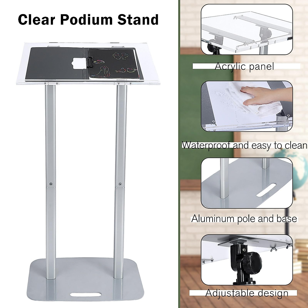 Kigley Acrylic Podium Stand Clear Podium Lectern 43.3'' Tall Floor Standing Speaking Podium with Adjustable Angle 30°-90° Slanted Top Silver Aluminum Body Base for Church Office School Speech Concert
