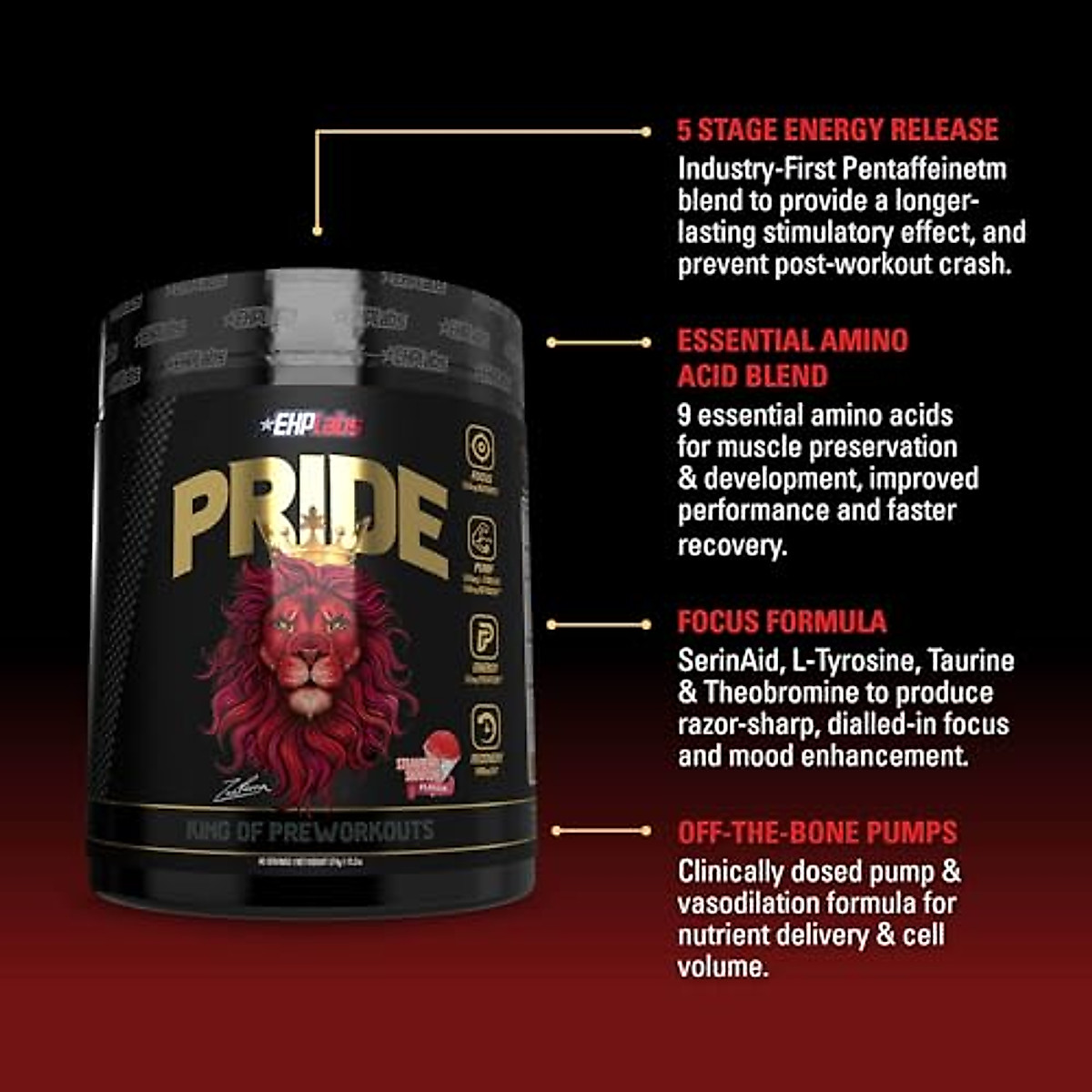 EHP Labs Pride Pre Workout Powder Energy Supplement - Sugar Free Preworkout for Men & Women, Energy Powder Boost Drink with BCAA - 280mg of Caffeine - Strawberry Snowcone (40 Servings)