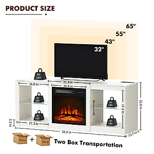 BREEZEHEAT 58inch Electric Fireplace TV Stand for 65'' TV-Entertainment Center with 18'' Fireplace and Led Light-TV Console with Glass Shelves, Power Outlets, Remote Control (White Marble)