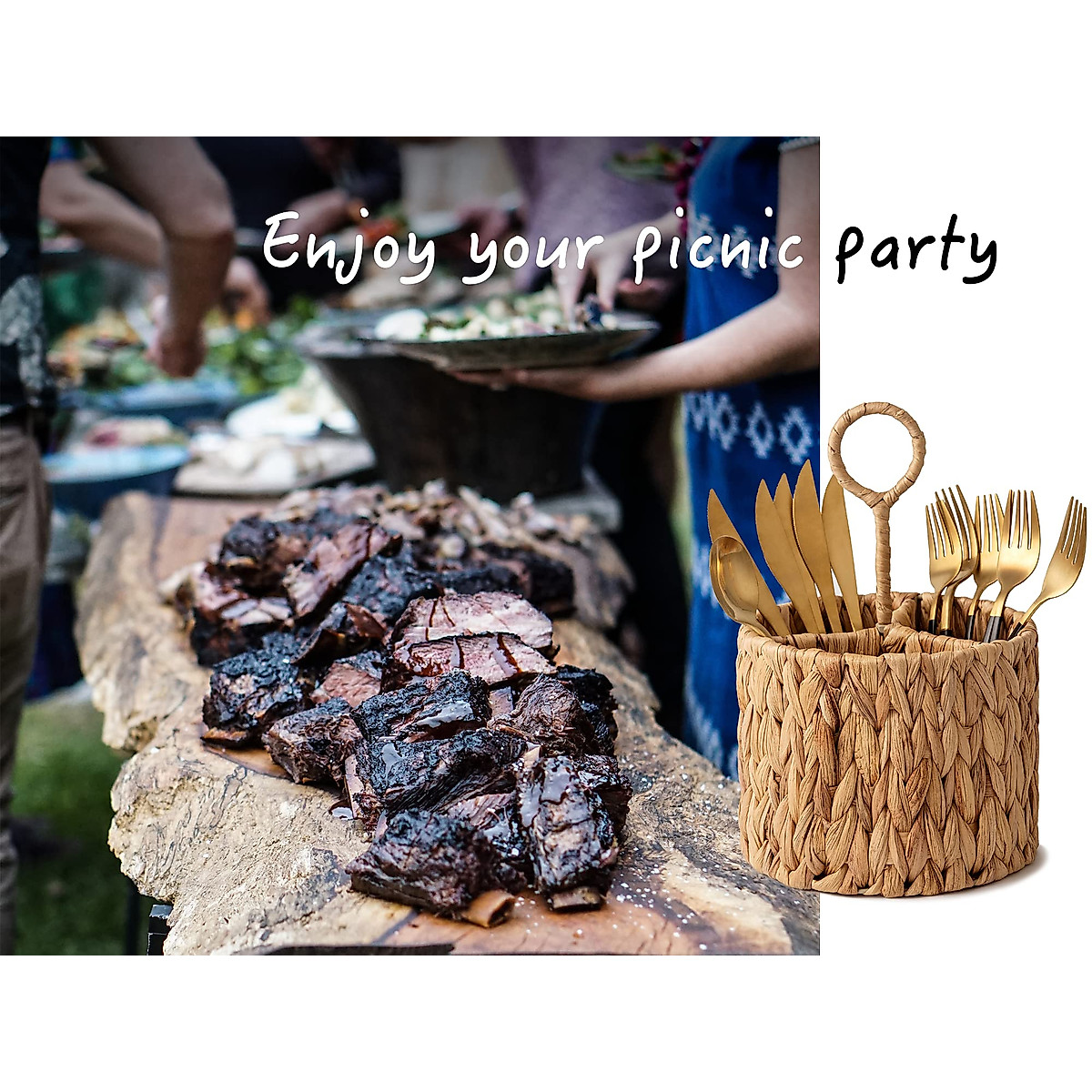 StorageWorks Wicker Flatware Organizer, Hand Woven Water Hyacinth Cutlery Holder for Countertop with Handle, 1 Pack