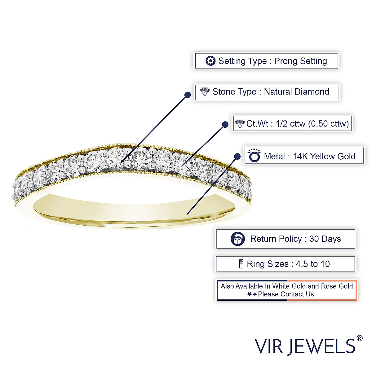 VIR JEWELS 1/2 cttw Diamond wedding Band for Women, Contour Wave Round Diamond Wedding Band in 14K Yellow Gold Prong Set, Size 7