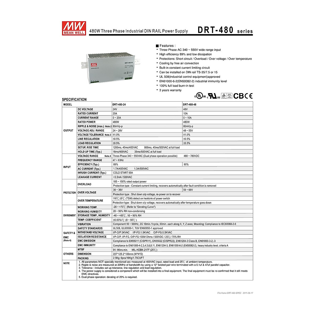 Mean Well DRT-480-24 Power Supply, DIN-Rail, 24 Volt, 20 Amp, 480 Watt, 8.9" x 4.9" x 3.9" Size
