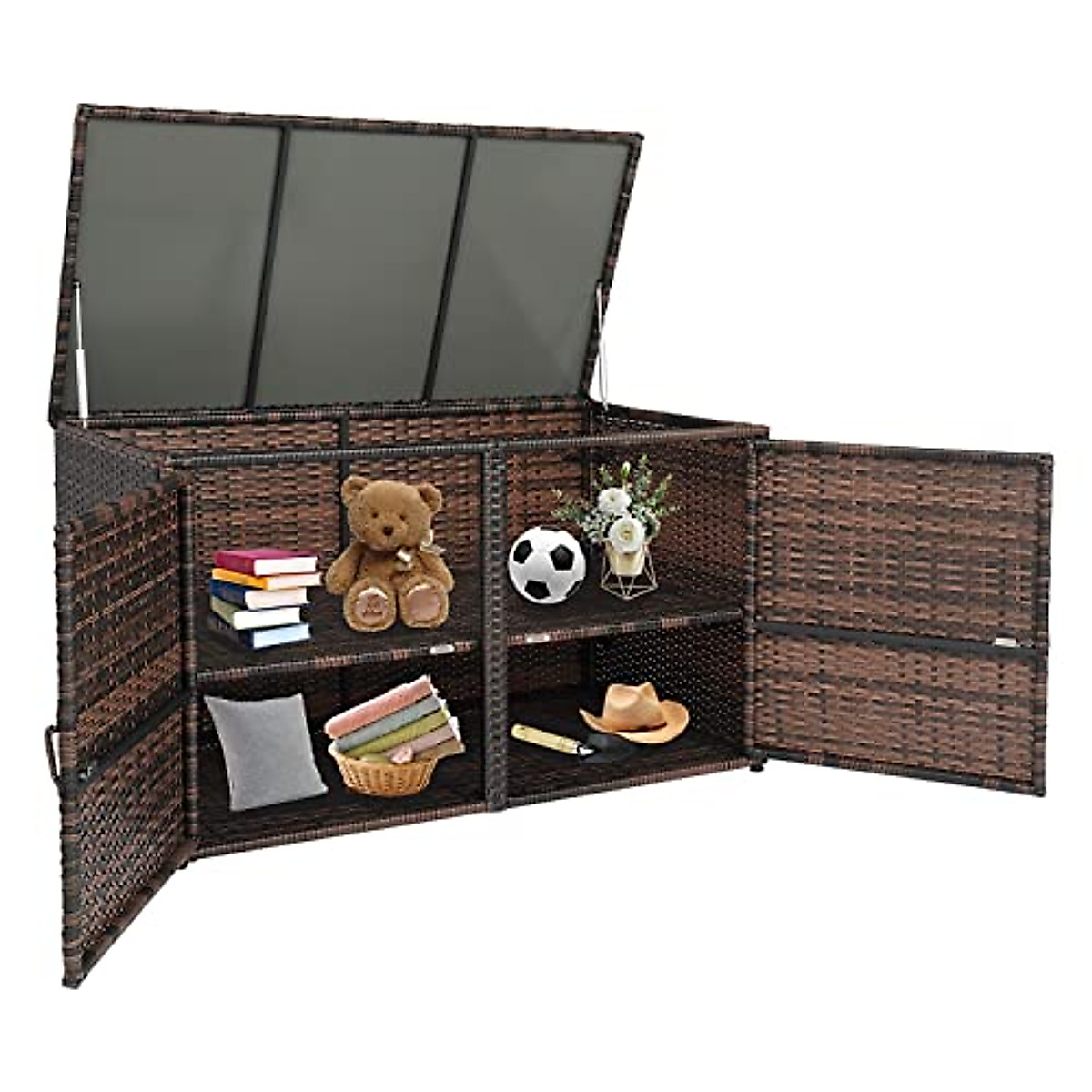 Outvita Outdoor Storage Box, 88GAL Waterprrof Rattan Patio Deck Storage Container with Double Doors and Flip Cover for Backyard, Balcony, Poolside, Garden Brown