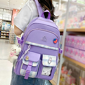 LsdgFriday Kawaii Backpack Set 5Pcs Canvas Plaid School Bag with Cute Pendants Pins Accessories for Teen Girls Aesthetic Backpack Shoulder Tote Bags Daypack for Back To School