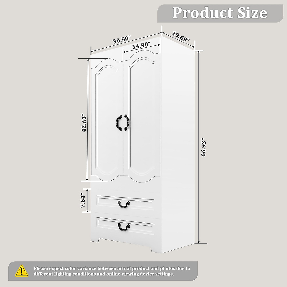 Janmer Home Armoire Wardrobe Closet with 2 Drawers, Tall Wooden Wardrobe Closet with 2 Doors and Hanging Rail, Free Standing White Armoire for Bedroom (Retro, White)