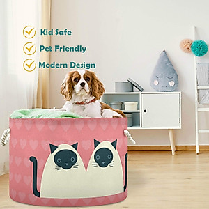 visesunny Cat Pink Heart Cartoon Collapsible Large Capacity Basket Storage Bin with Durable Cotton Handles, Home Organizer Solution for Office, Bedroom, Closet, Toys, Laundry