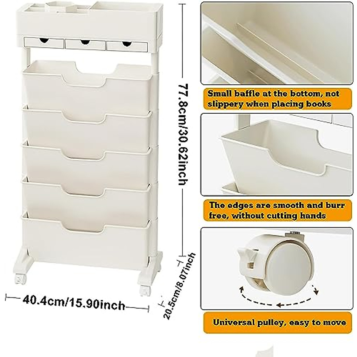 Function Home Bookcase, 6 Tier Rolling Utility Cart, 6 Tier Movable Bookshelf Bookcase, Mobile Book Cart, Rolling Office Paper Organizer, Slim Cart Movable Bookshelf for Office, Classroom (blue)