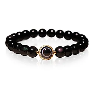 L&C Feng Shui Black Obsidian Wealth Bracelet - 8MM 10MM Women Mens Bracelets Natural Black Obsidian Crystal Evil Eye Agate Bring Luck Prosperity Elastic Stretch Beaded Bracelet for Woman Men (8MM)