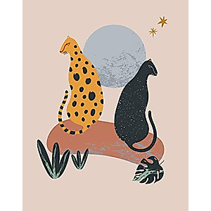 Abstract Mystical Jungle Cats No.11 Magical Wall Art Print - 11x14 UNFRAMED Boho Decor in Neutral Shades of Teal,Blue, Gold, Black & Terra Cotta.