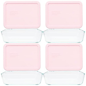 Pyrex (4 7210 3 Cup Glass Dishes & (4) 7210-PC Loring Pink Lids Made in the USA