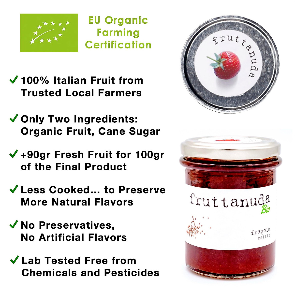 WellEatable Strawberry Jam Preserves, Organic Spread, 100% Italian Fresh Fruit, Only Two Ingredients, More Fruit +90%, Less Sugar, No Chemicals - Strawberry, 8.1 oz (Pack of 1)