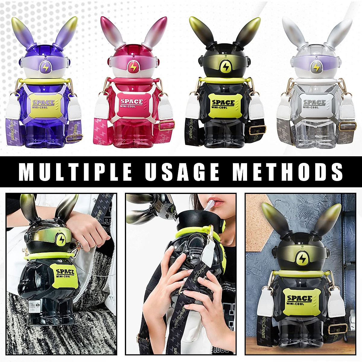 Creative Water Bottle Cup with Straw and Strap, Cute Water Bottles Large Capacity Leak-Proof Bottles (Gray)