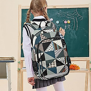 ODAWA Patchwork Geometric Pattern Kids School Backpack with Reflective Strips Laptop Bookbag for Women Travel Daypack