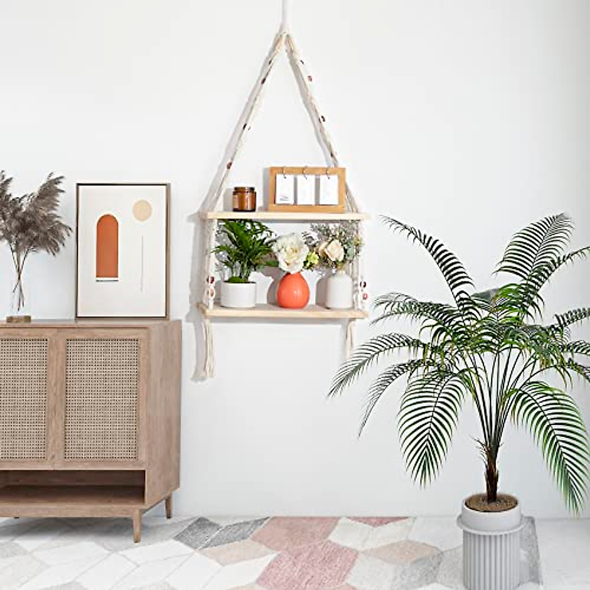 TENEWEE Boho Wall Hanging Shelves Macrame Floating Plant Photos Wood Shelf for Bedroom Living Room Apartment Decor
