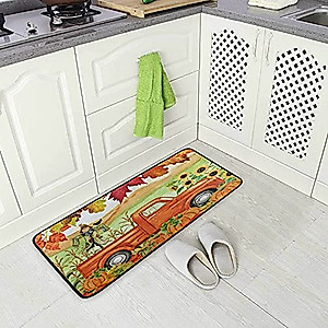 Autumn Truck Pumpkin Kitchen Rugs Thanksgiving Sunflower Maples Floor Comfort Mats Bath Rugs Entryway Welcome Non Slip Area Rug for Bedroom Living Room Doormats Home Decor 39" X 20"