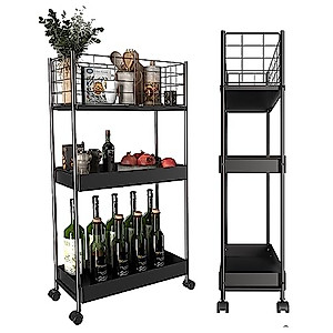 FANSPRO Slim Storage Cart, 3 Tier Metal Utility Cart with Wheels, Mobile Rolling Kitchen Cart Slide Out Narrow Storage Cart for Laundry Room Bathroom Small Spaces, Black