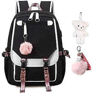 Stylifeo Teenage Girls' Backpack, Middle School Backpack Students Bookbag Daypack for Teen Girls,with USB Charge Port (Black and White)