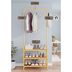 BBAUER Entryway Coat Rack with 2 Hooks Garment Rack with 3-Tier Shelf Free Standing Shoe Rack with Garment Rail for Bedroom Living Room Hallway (Color : Yellow, Size : 60x30x165cm)