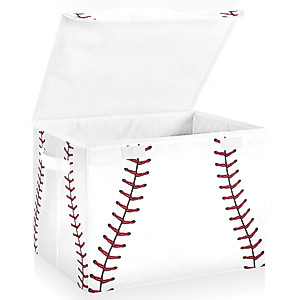 WELLDAY Baseball Grain Storage Baskets Foldable Cube Storage Bin with Lids and Handle, 16.5x12.6x11.8 In Storage Boxes for Toys, Shelves, Closet, Bedroom, Nursery
