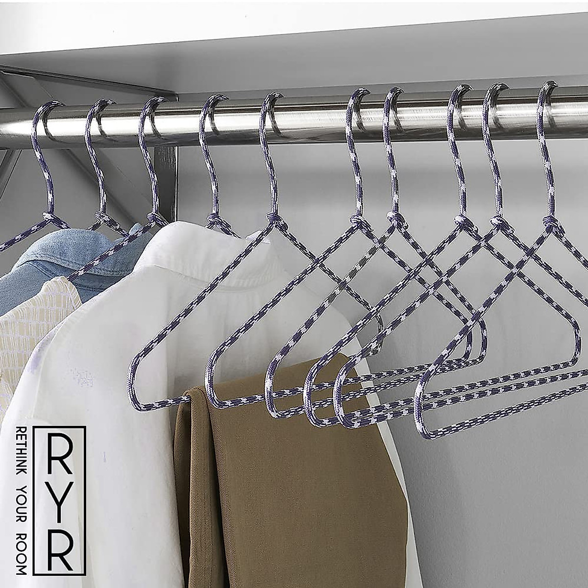 Rethink Your Room Clothes Hangers 10 Pack Stylish Fabric Wrapped Metal, Space Saving Coat, Velvet, Pant Hangers for Closet Organization, Durable Non-Slip, Navy/White Wardrobe Essentials Bulk Storage