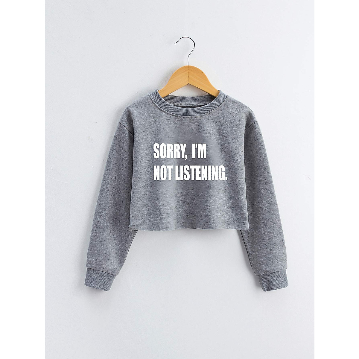 G-Amber Girls Long Sleeve Sweatshirts Kids Crop Print Funny Letters Fashion Pullover Tops Grey Sorry I'm Not Listening