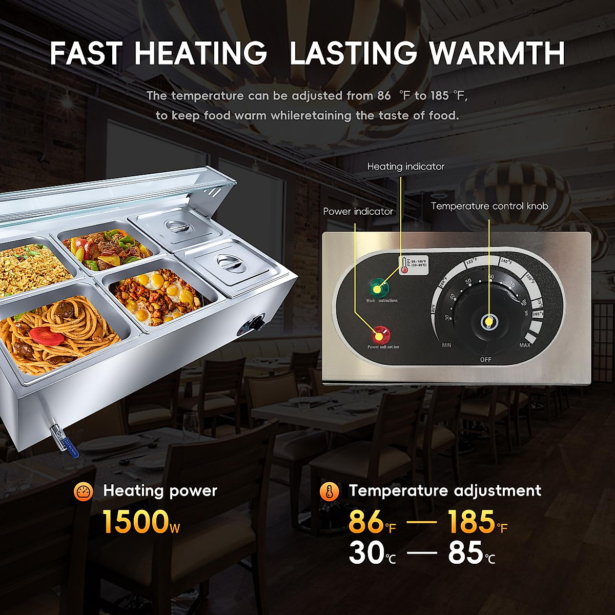 GAOMON 6-Pan Commercial Food Warmer, Electric Steam Table 12QT/ Pan, 1500W Countertop Stainless Steel Buffet Bain Marie with Tempered Glass Cover, Temperature Control for Buffet Party Restaurant