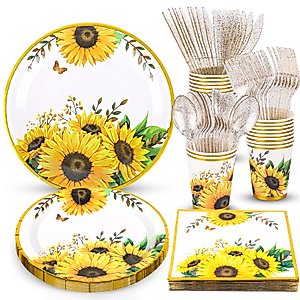 Sunflower Party Supplies, Sunflower Plates and Napkins Set, Disposable Sunflower Plates, Party Cups, Napkins and Cutlery for Sunflower Birthday, Baby Shower, Bridal Shower, Sunflower Parties Serves 24