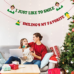 Funny Elf Christmas Decorations, Novelty Buddy The Elf Party Banner Decor Supplies, Holiday Hanging Sign for Fireplace Mantle Wall Decor, Christmas Party Photo Booth Backdrop - I Just Like to Smile