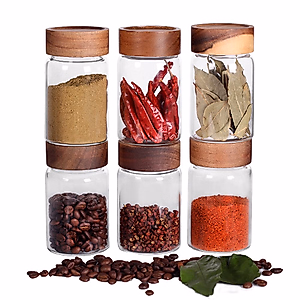 SAIOOL 6 Pcs Small Glass Spice Jars with Label,High Sealing Threaded Mouth,with Black Printed Spice Labels - 8.79oz /260ml*6 ,Empty Cylinder Spices Bottles ,Storage Jars with Airtight Screw Lids