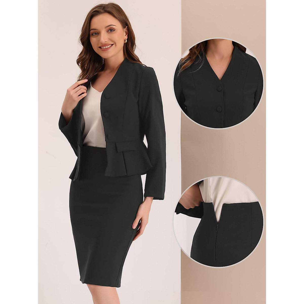 Allegra K Business Suit Sets for Women's 2 Piece Outfits Collarless Peplum Blazer Formal Pencil Skirt Suit Small Black