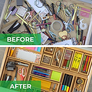 Grow Forward Bamboo Drawer Organizer Boxes - Set of 14 Wooden Drawer Organizers for Kitchen, Bathroom, Office, Desk, Vanity, Makeup - Non-Slip Junk Drawer Organizer Trays for Storage and Organization