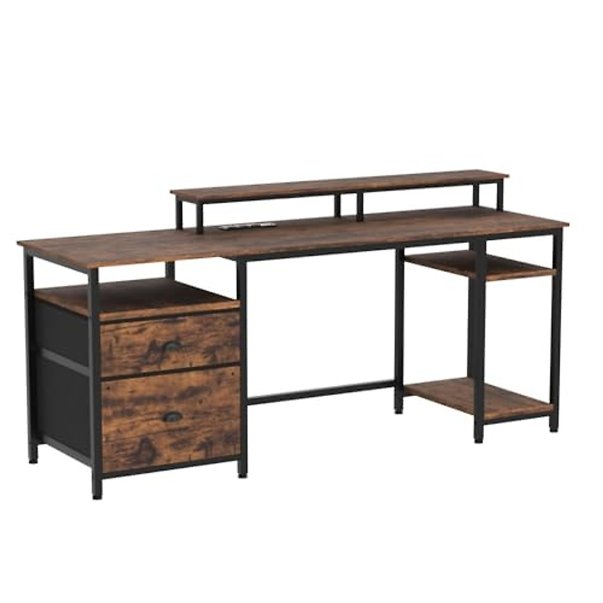 Furologee 61" Computer Desk with Power Outlet and USB Ports, Large Desk with Shelves and Drawer, Writing Study Desk with Fabric File Cabinet and Long Monitor Stand, Gaming Desk for Home Office