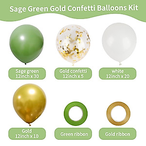 RUBFAC 65Pcs 12 Inches Sage Green Gold Confetti Balloons Kit, Green White Metallic Gold Party Balloons with Ribbons for Birthday, Wedding, Baby Shower, Graduation, Eucalyptus Party Decorations