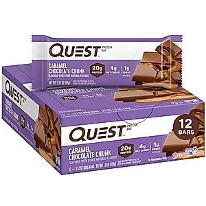 Quest Nutrition Caramel Chocolate Chunk Protein Bar, 20g Protein, 1g Sugar, 4g Net Carbs, Gluten Free, Keto Friendly, 12 Count