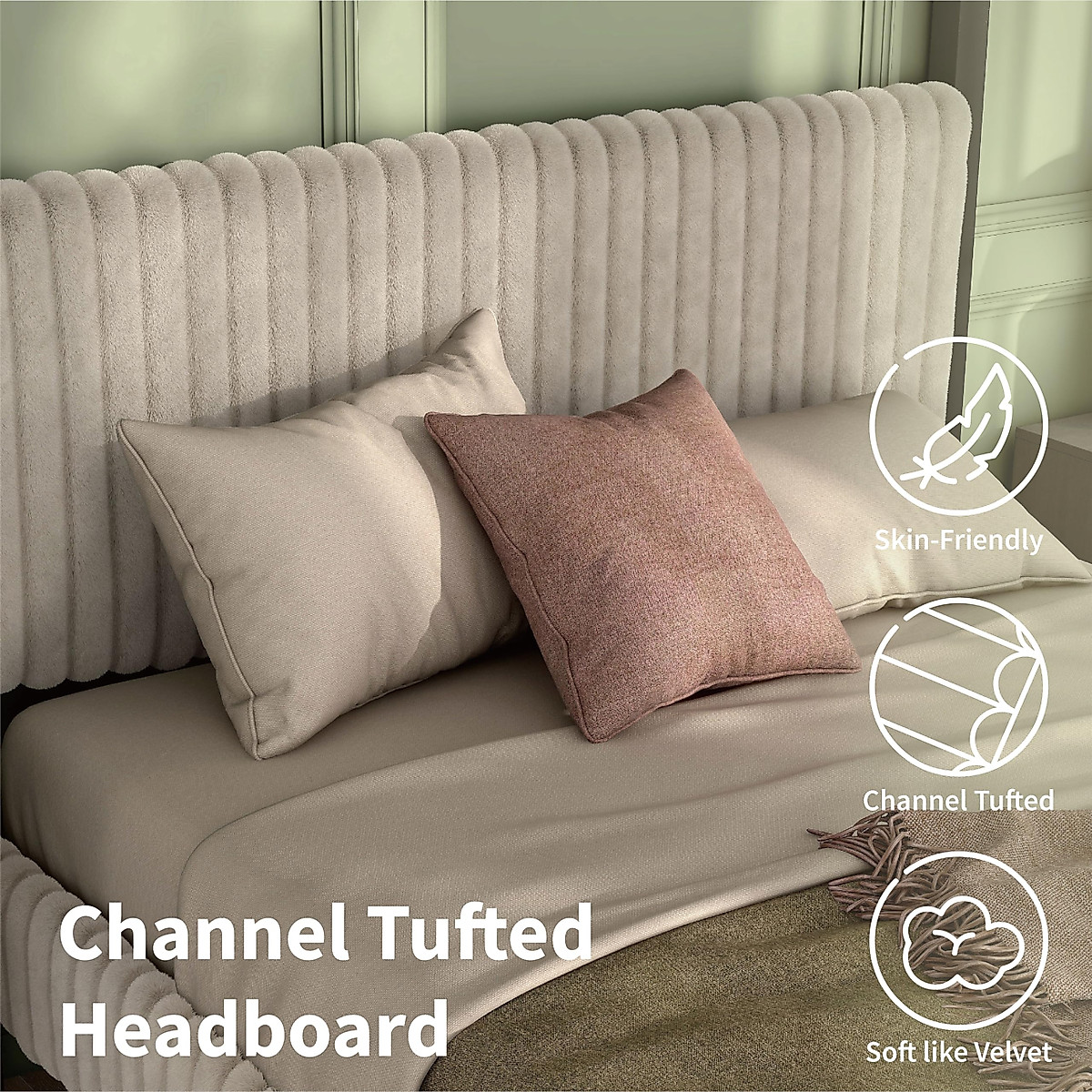 HOMES: Inside + Out Evadne Modern Canopy Bed Frame Queen Size with Channel Upholstered Headboard and Wooden Slats Support for Bedroom, Guest Room, No Box Spring Needed, Light Brown