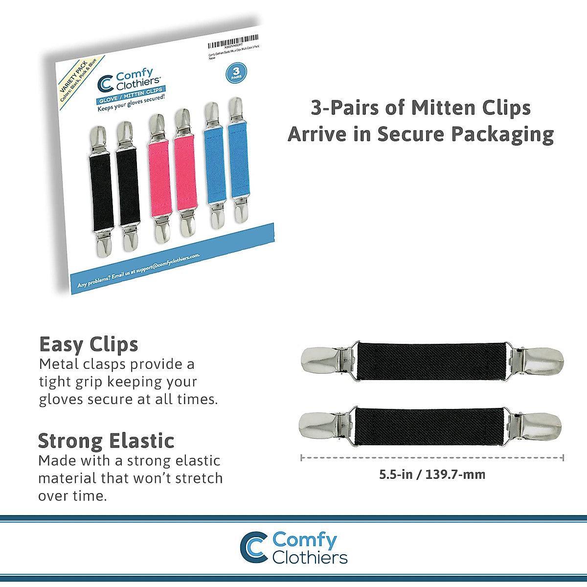 Comfy Clothiers Elastic Mitten Clips for Kids Gloves and Adults - Glove Clips for Kids, Mitten Clips for Adults and Kids - Kids Glove Clips - Mitten Clip - Clip for Gloves (Multi-Color 3-pack)