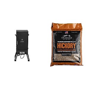 Masterbuilt MB20077618 Analog Electric Smoker, 30 inch, Black & Traeger Grills Hickory 100% All-Natural Wood Pellets for Smokers and Pellet Grills, BBQ, Bake, Roast, and Grill, 20 lb. Bag