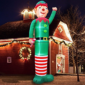 TURNMEON 12 Foot Giant Christmas Inflatable Elf, Christmas Decoration Outdoor Blow Up Elf Holds Candy Cane with Tethers Stakes LED Lighted Holiday Xmas Decoration Outside Yard Lawn Garden Home Party