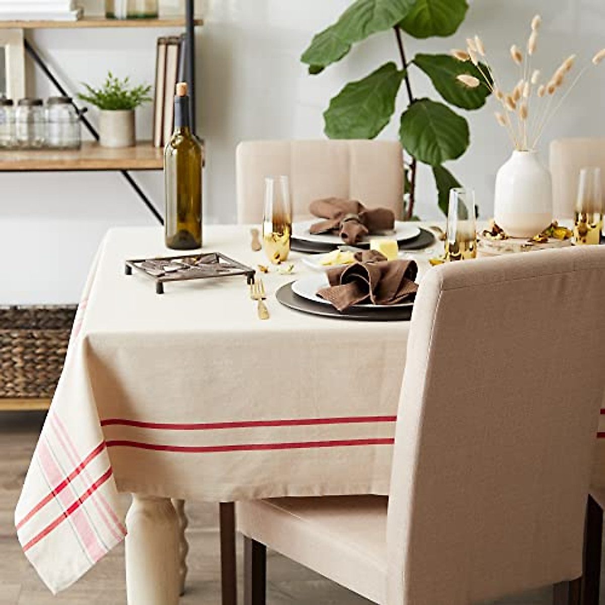 DII French Stripe Dining Table Collection Farmhouse Style Tablecloth, 70 Inches Round, Taupe/Red