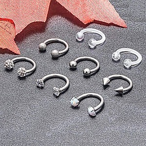 Dyknasz Horseshoe Circular Barbell Clear CZ Opal Stone Nose Septum Rings Hoop Retainer for Women Men Helix Cartilage Tragus Earring 316L Surgical Steel 16G 5/16"(8mm) Silver-Tone