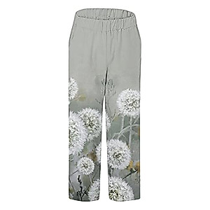 Kingspinner Womens Capri Graphics Pants Women's Linen Pants Flowers Print Women's Linen Cropped Pants