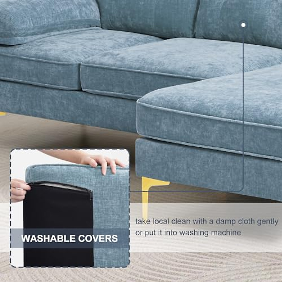 COCOLHOME L- Shaped Sectional Sofa 85" Convertible Modern Upholstered Couch Chenille Fabric with Reversible Chaise Detachable Washable Cover for Living Room, Apartment, Small Space (Light Blue)
