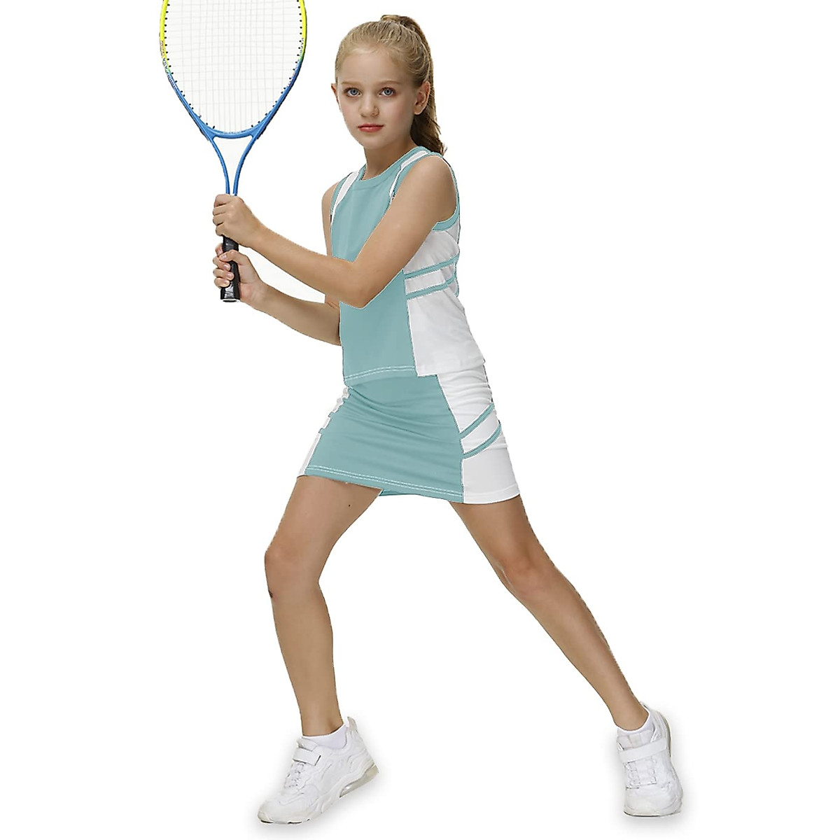 Girls Tennis Athletic Outfit Set Sports Color Block Casual Tank Top Golf Skirt Built in Shorts Light Green 6-7 Years